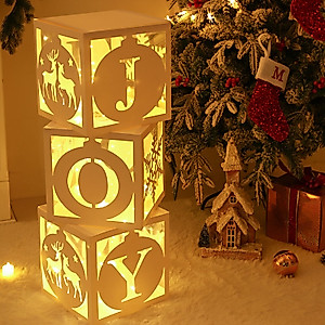 Light Up Christmas Decorations Indoor - 3pcs White Hollow-Out Paper Joy Boxes with Warm Light String, Holiday Fireplace Christmas Decorations for Home