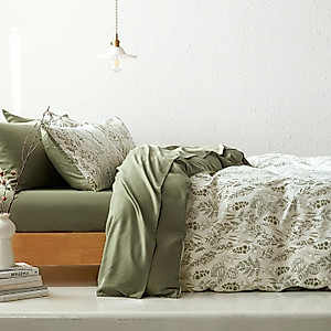 Bildenly Floral Duvet Cover Set King Size Reversible Olive Green Botanical Flower Bedding Set 3 Pieces Vintage Flower Aesthetic Soft Lightweight Comforter Cover Set for Women Girls with 2 Pillowcases