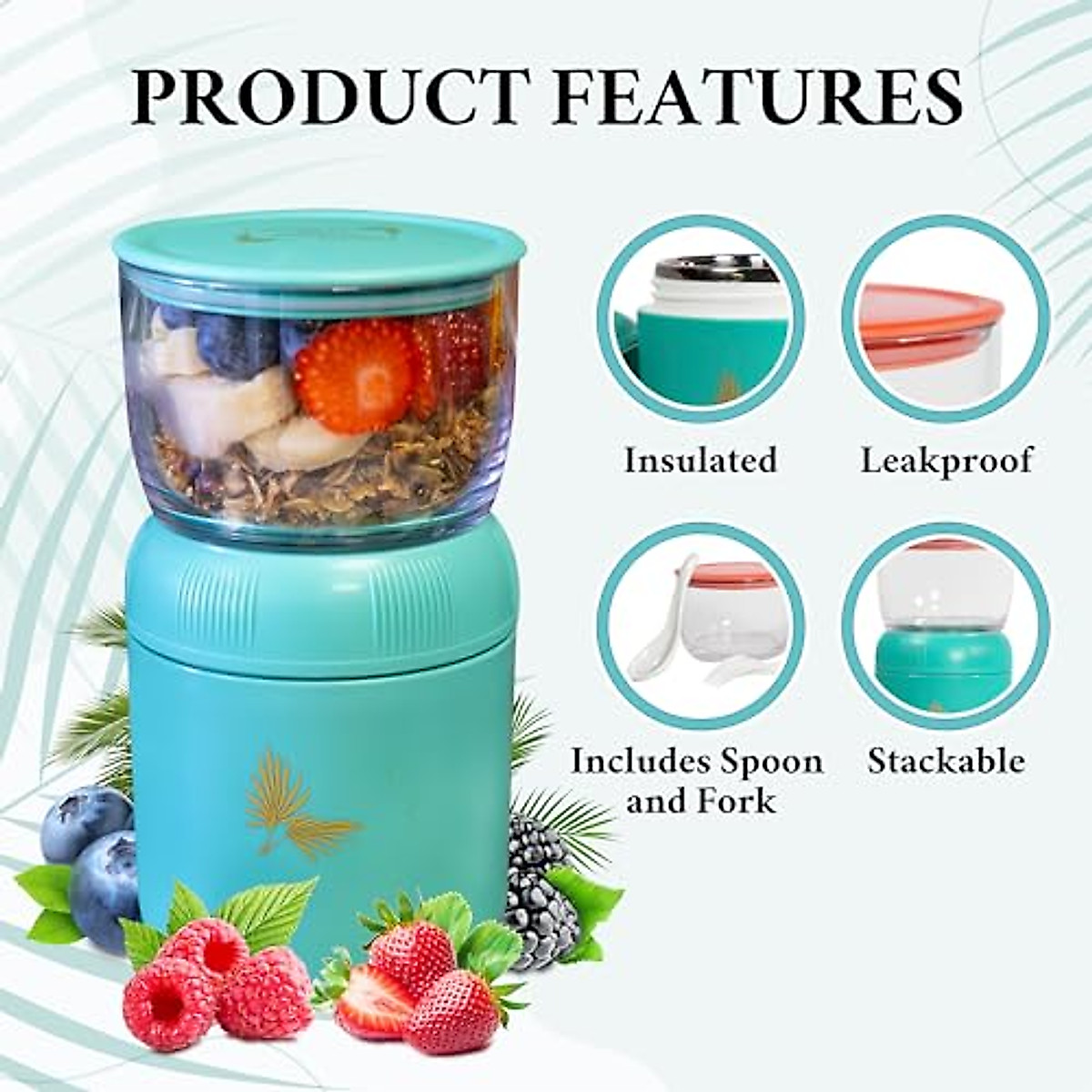 Healthy Habits Parfait Cups with Lids - Insulated Yogurt Containers with Lids - Leak Proof Overnight Oats Containers with Lids - Twist & Lock Salad Container with Spoon and Fork (Turquoise)