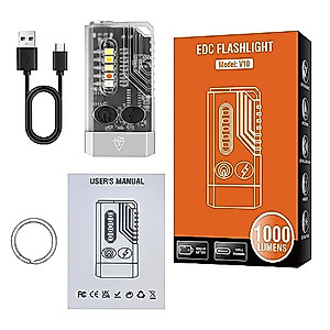 Hisim Mini Powerful Keychain Bright 1000 Lumens EDC Flashlight with 14 Lighting Modes, 365NM UV Light COB Side Light IPX4 Pocket Tail Magnet Buzzer Alarm Rechargeable Flashlight White