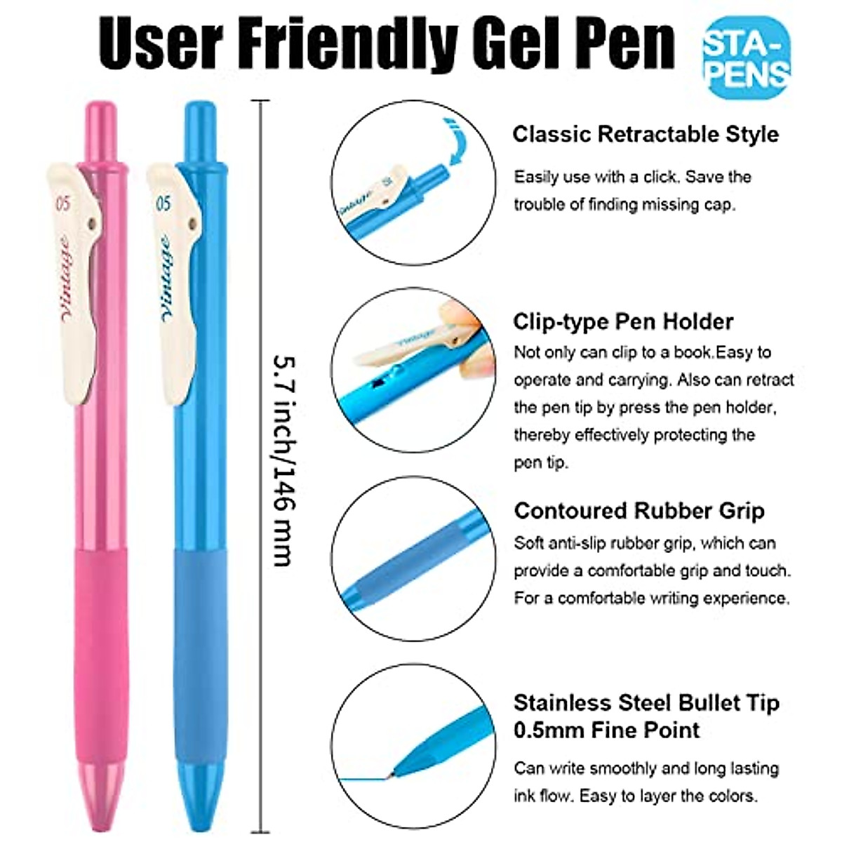 STAPENS 10 Colored Retractable Gel Pens, 0.5 mm Medium Point Pens with Quick Dry Ink, Ballpoint Gel Pens for Journaling Writing Drawing Doodling and Notetaking