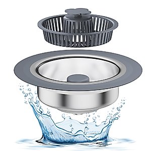 3 in 1 Kitchen Sink Drain Strainer, Pop Up Kitchen Sink Stopper with Basket, Stainless Steel Sink Strainer Kitchen Drain Plug, Anti-Clogging, Anti-Odor, for US Standard 3-1/2 Inch Drain