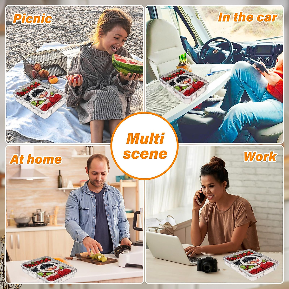 YFUIF Portable Fruit Storage Containers for Fridge, 4 Compartments Snack Box Container, BPA-Free Divided Serving Tray with Lid for Veggie, Clear Snack Tray Candy Tray (1, 4 Compartment-1 Pack)