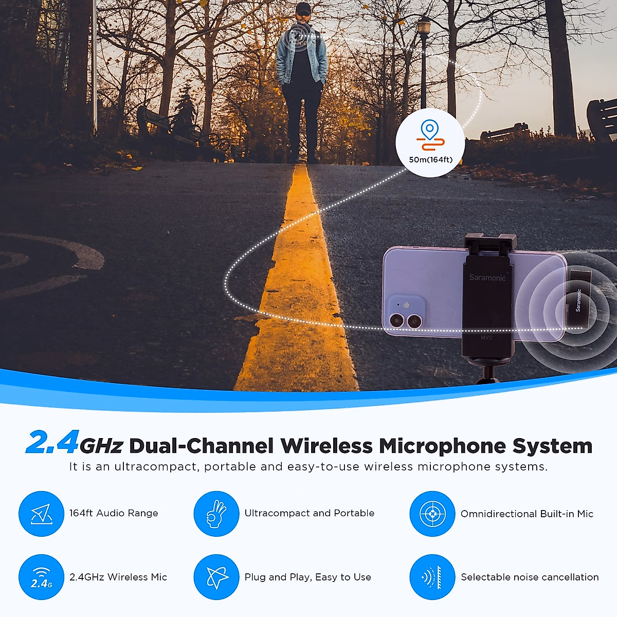 Saramonic Wireless Microphone for iPhone - Intelligent Noise Cancellation, True Plug&Play, Record While Charging, Long Battery Life, 24-Month Warranty