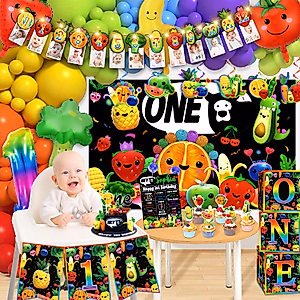 Generic 124pcs Fruit 1st Birthday Decorations, Dancing Fruit 1st Birthday Decorations Fruit Party Decorations Swirls Banner cupcake topper Backdrop Fruit Balloons Arch Set for Baby