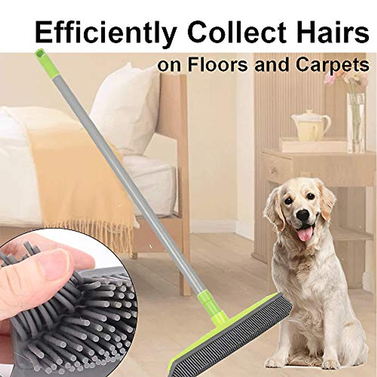 Rubber Broom Carpet Rake for Pet Hair Removal, Portable Hair Remover with Squeegee Broom Hair Removal Brush, Pet Hair Removal Tool for Fluff Carpet, Hardwood Floor, Tile, Window