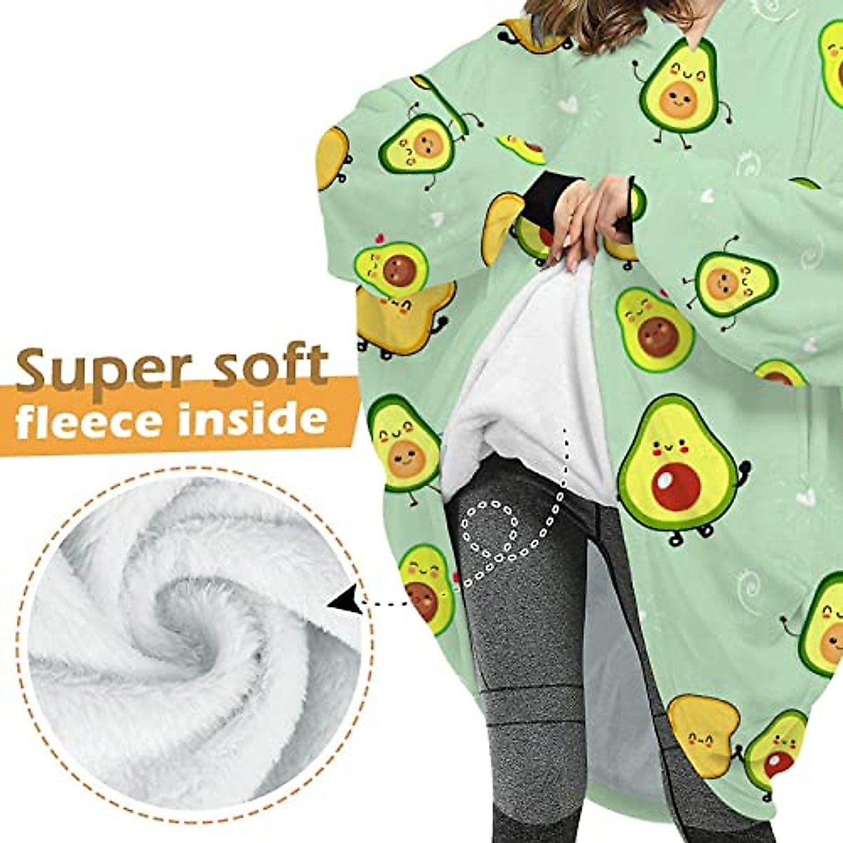 Oversized Wearable Blanket for Women Men, Soft Fleece Hooded Blanket Sweatshirt with Pockets, Avocado Breakfast Comfy Warm Hooded Blanket