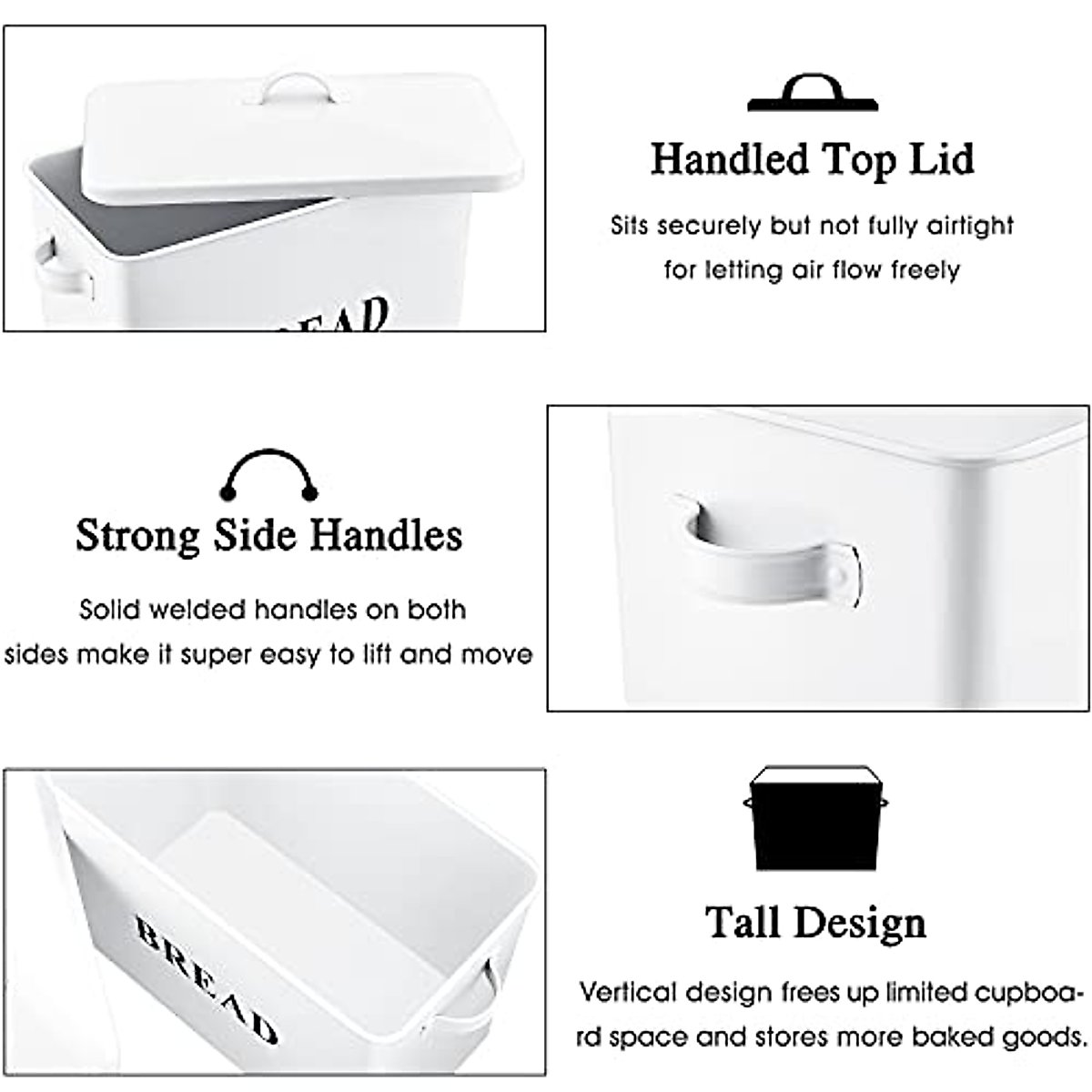 E-far Bread Box, Metal Bread Box with Lid for Kitchen Countertop, Large Bread Bin Holder Storage Container - 13" x 9.8" x 7.3" - Holds 2+ Loaves, Modern Farmhouse & Vintage Style - White