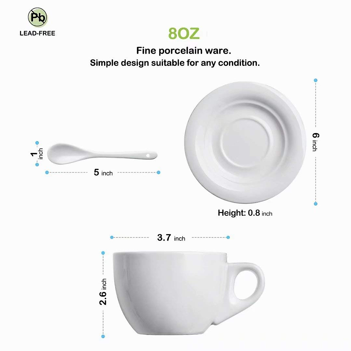 XUFENG 8oz Cappuccino Cups Set of 4 with Saucer White Porcelain for Latte, Mocha,Tea Espresso Cafe with Porcelain Spoon