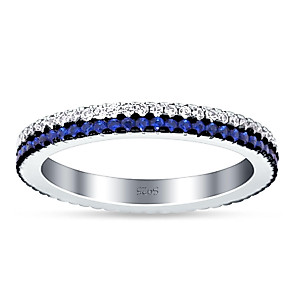 3mm Full Eternity Stackable Thin Blue Line Band Ring Round Simulated Sapphire CZ 925 Sterling Silver, Size-8