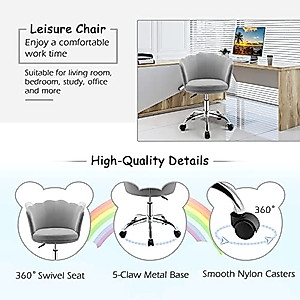 Giantex Kids Desk Chair, Comfy Home Office Task Chair with Wheels, Upholstered Velvet Seashell Back Vanity Chair, Cute Modern Computer Chair for Girls, Adjustable Swivel Rolling Arm Chair, Grey