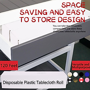 Kesfey White Plastic Tablecloth Roll 54 inch X 120ft White Premium Disposable Plastic Table Cloth Roll with Easy Slide Self Cutter Box- Cut to Any Size Disposable Tablecloth for Picnic Birthday Party