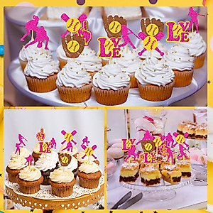 Rngmsi Softball Cupcake Toppers Decorations - 40PCS Softball Party Decorations Glitter Softball Birthday Cake Decorations Pink Softball Baby Shower Decor Supplies Softball Cupcake Toppers for Girls