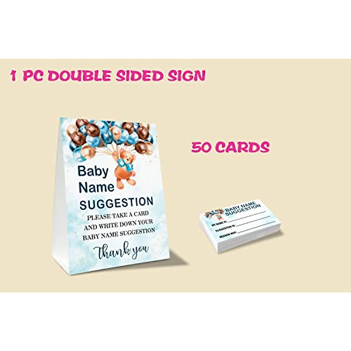 Baby Name Suggestion For Baby Shower Games, Bear Balloons Themed Name Suggestion Game Card, Party Favors Supplies Decorate For Baby Showers Game Cards, 1 Sign & 50 Cards Per Pack –(bbname-006)