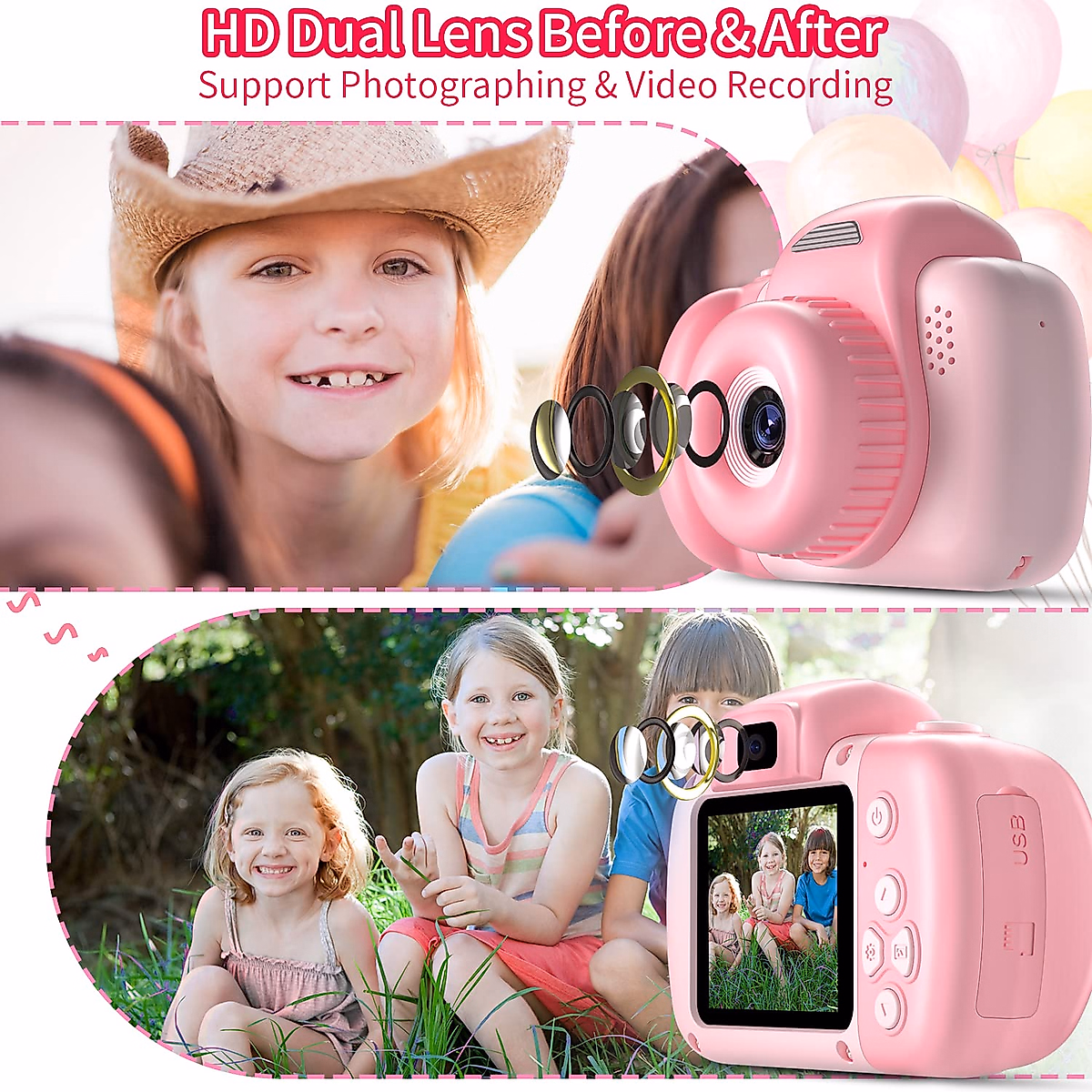 Kids Camera, HAONIU 48MP Digital Dual Camera Kids Toys for Boys/Girls 3-12 Years Old, Kid Selfie Camera with 2.0 Inch IPS Screen, 32GB SD Card, 1080P HD Video Cameras for Toddler Birthday Gifts (Pink)