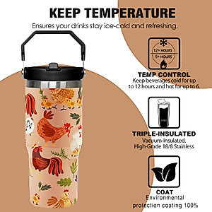 Chicken Tumbler with Handle and Straw, Stainless Steel Vacuum Insulated Flip Straw 30 oz Chicken Tumbler Spill Proof Coffee Travel Mug Chicken Gifts for Women