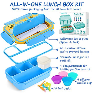 Sunhanny Lunch Box Kids, Bento Lunch Box for Girls Boys School, Lunch Containers for Adults Kids with 4 Compartments, Sauce Container, Utensils, Food Picks and Muffin Cups, Blue Dinosaur