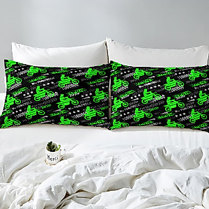 Motorcycle Racing Kids Fitted Sheet Queen Size,Motorbike Extreme Sports Games Bedding Set,Girls Boys Adults Room Decor,Race Flag Black White Bed Cover,Green Bright Bed Sheet,2 Pillowcases