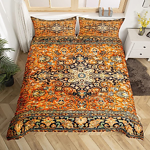 Ethnic Pattern Duvet Cover Queen, Orange Boho Bedding Set, Southwest Farmhouse Bohemian Floral Abstract Comforter Cover, Brown Geometric Exotic Tribal Flower Quilt Cover