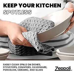 Zeppoli Classic Kitchen Towels - 12 Pack 100% Natural Cotton Kitchen Towel Set, Reusable Wash Cloths, Absorbent Dish Towels, Machine Washable Hand Towels, Kitchen Essentials - 15” by 25” - Gray