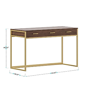 Martha Stewart Ollie Home Office Desk with 3 Drawers in Walnut Wood Grain with Polished Brass Hardware