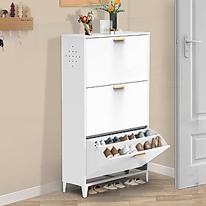 Wekity 3 Drawer All Steel Shoe Cabinet, Freestanding Shoe Rack Storage Organizer with Flip Door, Modern Tipping Bucket Shoe Cabinet for Entryway, Hallway, Bedroom (White)