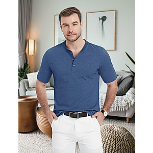 MAGCOMSEN Short Sleeve Henley Men Cotton Lightweight 3 Button Tops Vintage Casual Summer Shirt Soft Fashion Grey Blue M