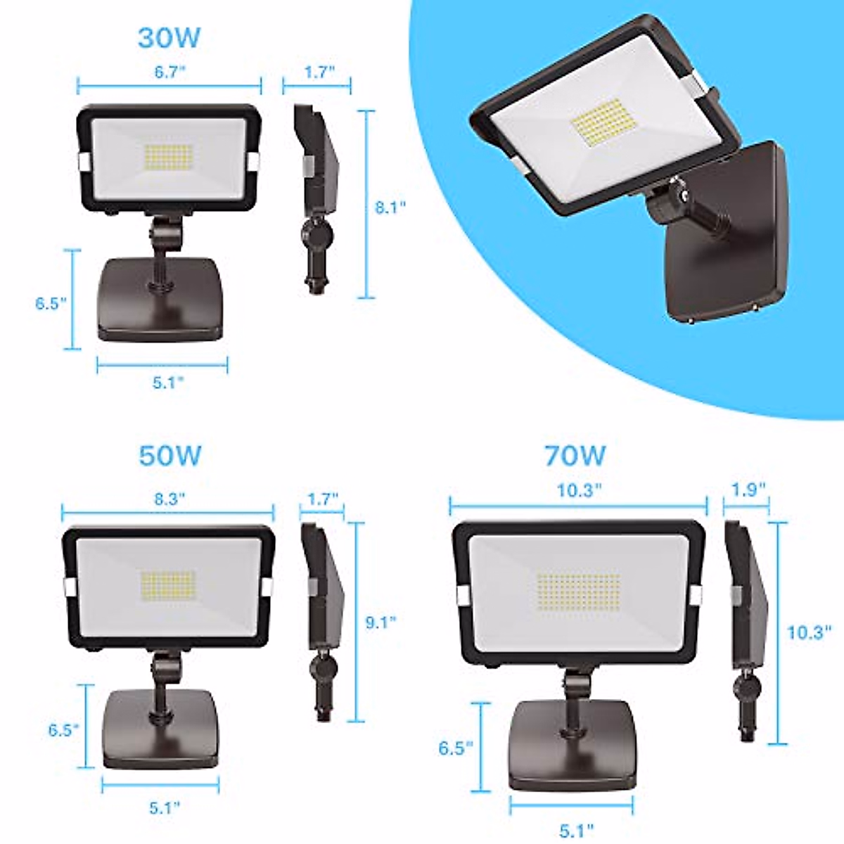 HYPERLITE 2 Pack 70W LED Flood Light Outdoor with Knuckle Mount 5000K 7,700Lm IP65 Waterproof LED Security Lights for Yard Garden Garage UL Listed