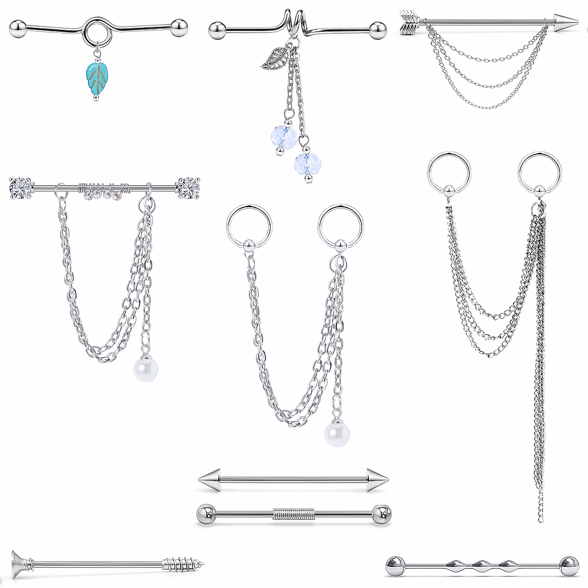 Goerhsjie Industrial Piercing Jewelry 14g Industrial Chain Earrings for Women 14 Gauge Long Industrial Bar Piercing Cute Silver Surgical Steel Industrial Barbell