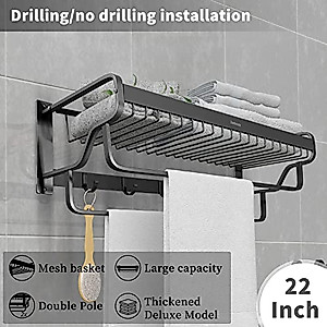 Bathroom Lavatory Towel Rack with Two Towel Bars,Zomhusea 22 in Aluminum Wall Mount Bath Towel Baskets with Hooks Laundry Room Bath Towel Storage Shelf