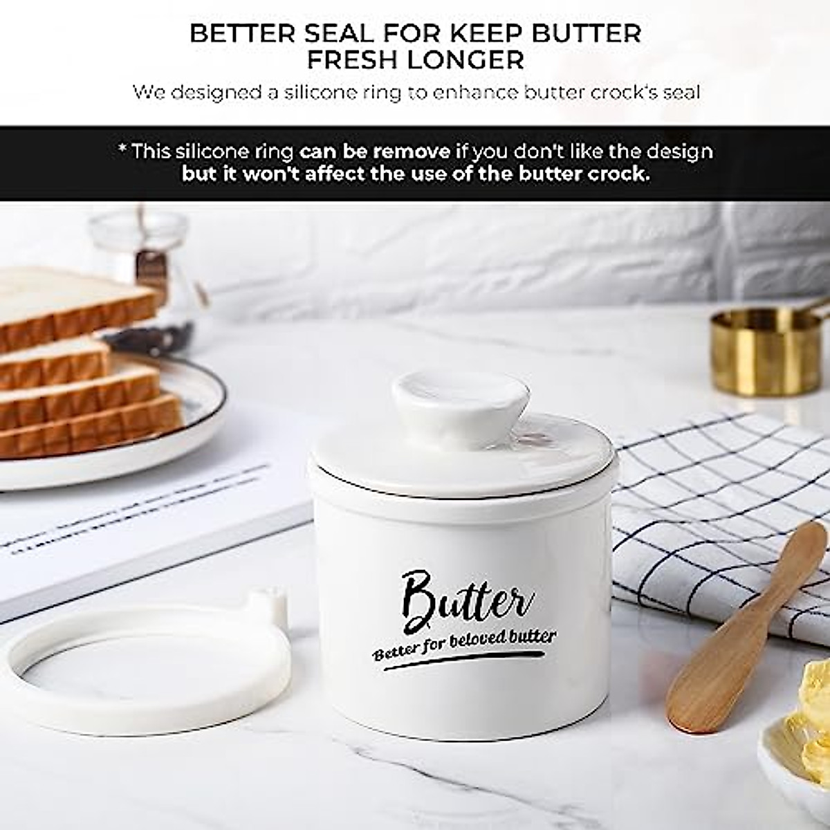 Butter Crock Butter Keeper with Knife and Perfect Silicone Seal French Butter Dish with Lid for Countertop, No More Hard Butter Good Kitchen Gift, White