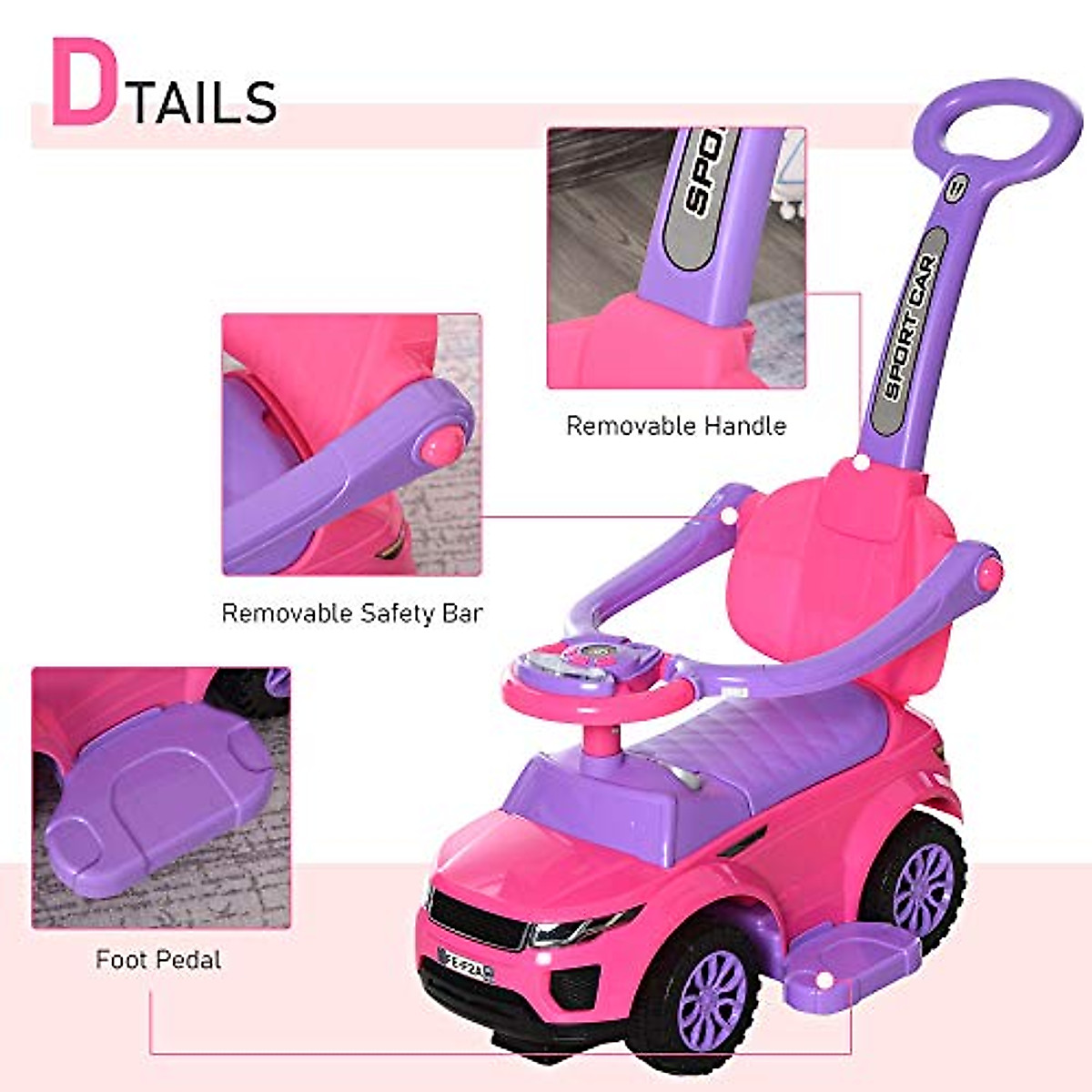 Aosom 3 in 1 Push Cars for Toddlers Kid Ride on Push Car Stroller Sliding Walking Car with Horn Music Light Function Secure Bar Ride on Toy for Boy Girl 1-3 Years Old Pink