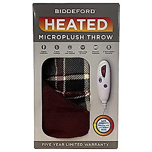 Biddeford Blankets Micro Plush Electric Heated Blanket with Digital Controller, Throw, Burgundy/Grey Plaid