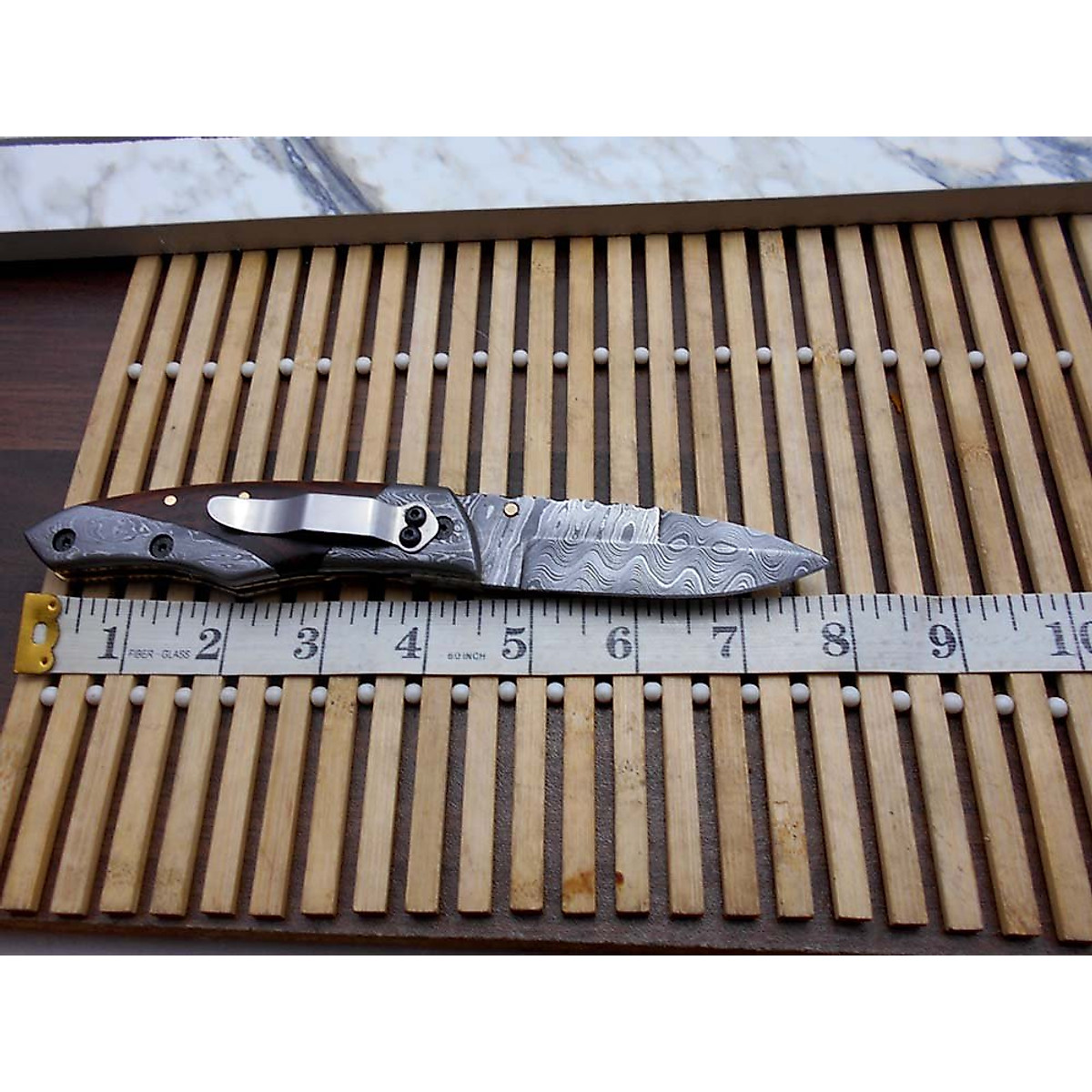 8" Long Folding Knife with Pocket Clip, Hand Forged Damascus Steel 3.5" Blade. Rose Wood Scale with Damascus Bolster, Cow Hide Leather Sheath Included with Belt Loop (Walnut Wood)