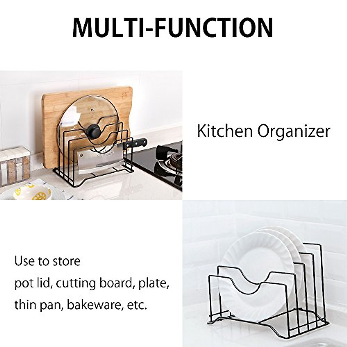 Stainless Iron Cutting Board Holder, Cutting Board Storage Organizer , Pot Lid Rack Organizer Kitchen Cabinet Rack Storage with 4 Sectional (Black)