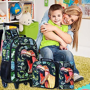 3PCS Rolling Backpack for Boys, Kids Roller Wheeled Dinosaur Bookbag and Lunch Box, Cool School Backpacks with Wheels for Elementary Teen
