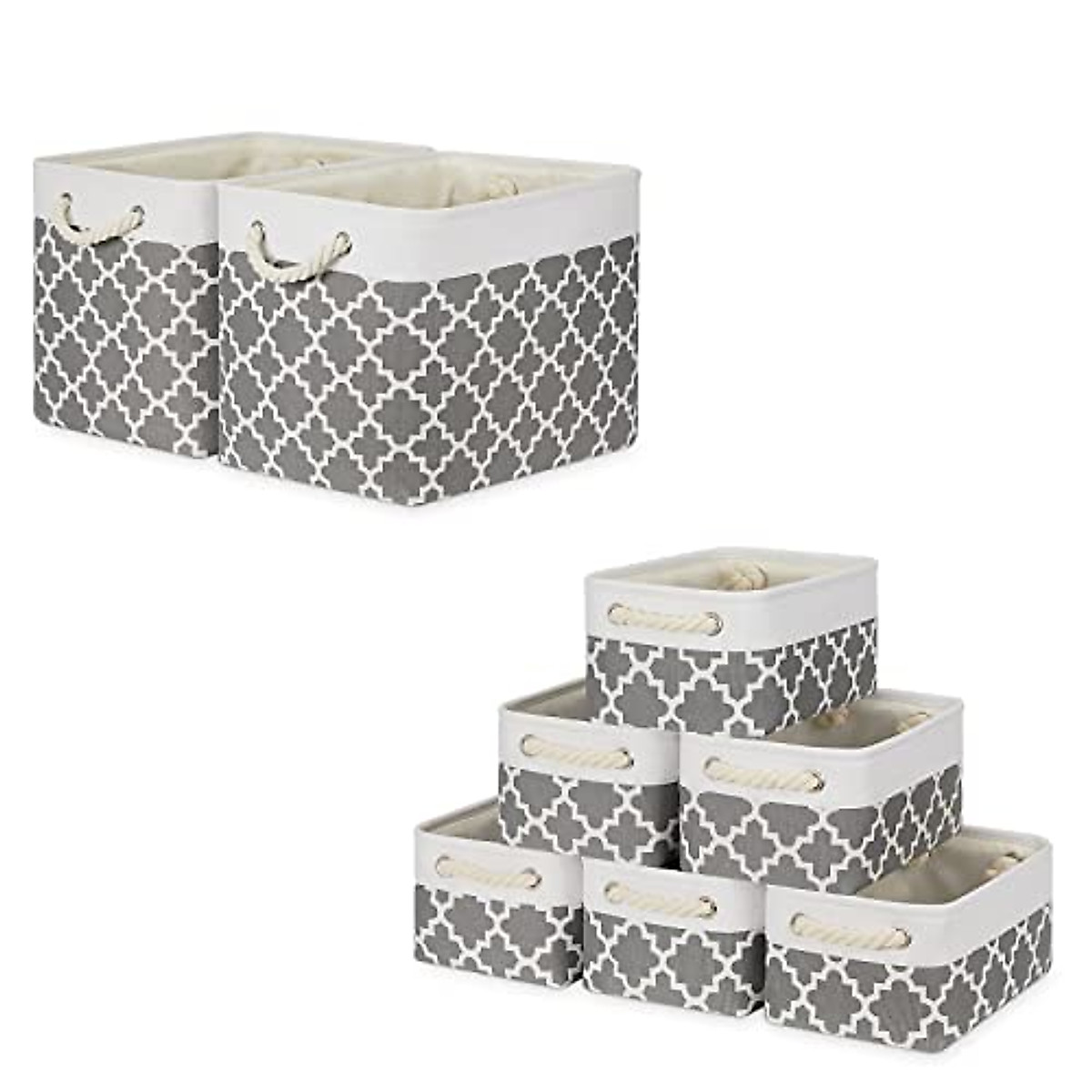 Bidtakay Baskets Set Fabric Storage Bins-White&Quatrefoil Grey Bundled Baskets of 2 Large Baskets 16" X 11.8" X 11.8" + 6 Small Baskets 11.8" X 7.8" X 5"