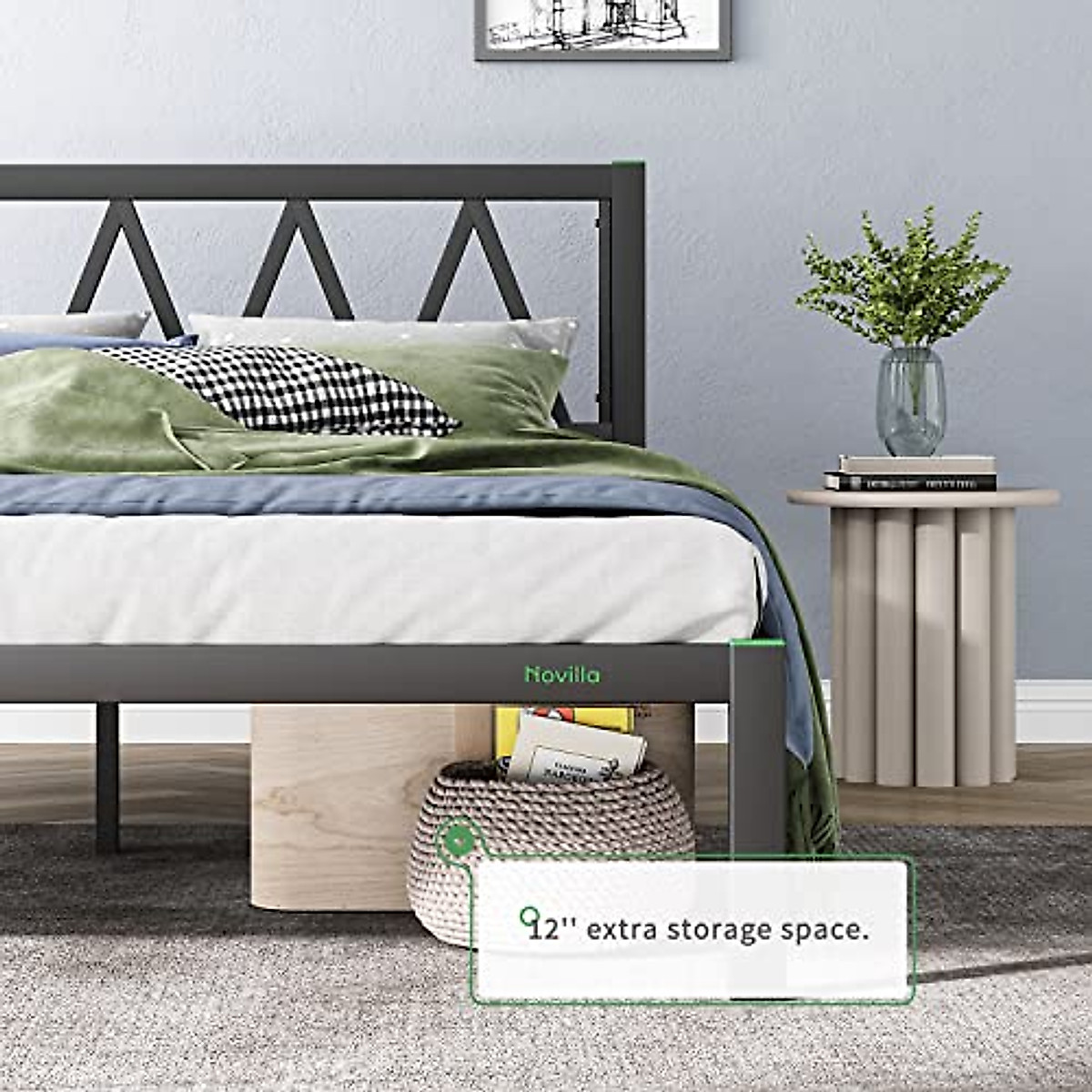Novilla 14 Inch California King Bed Frame with Headboard, Platform Bed Frame No Box Spring Needed, Metal Cal King Bed Frame with Storage Space, Wooden Slats Support, Easy Assembly, Black