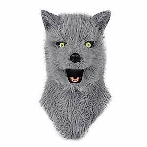 hbbhml Animal Dog Head Mask Realistic Furry Plush Tail Claw Gloves Full Wolf Masks for Halloween Party Carnival Cosplay Gray