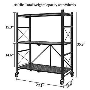 Tancee 3-Tier Foldable Storage Shelves with Upgraded Wheels, Free Standing Shelving Unit Utility Shelf, Storage Rack for Kitchen, Pantry, Garage, Basement