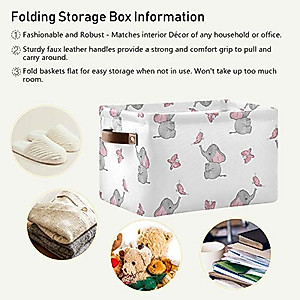 AGONA Large Foldable Storage Bin Cute Elephants Pink Butterflies Storage Bins Collapsible Decorative Fabric Storage Baskets with Leather Handles for Home Closet Bedroom Organizer Nursery 1 Pack