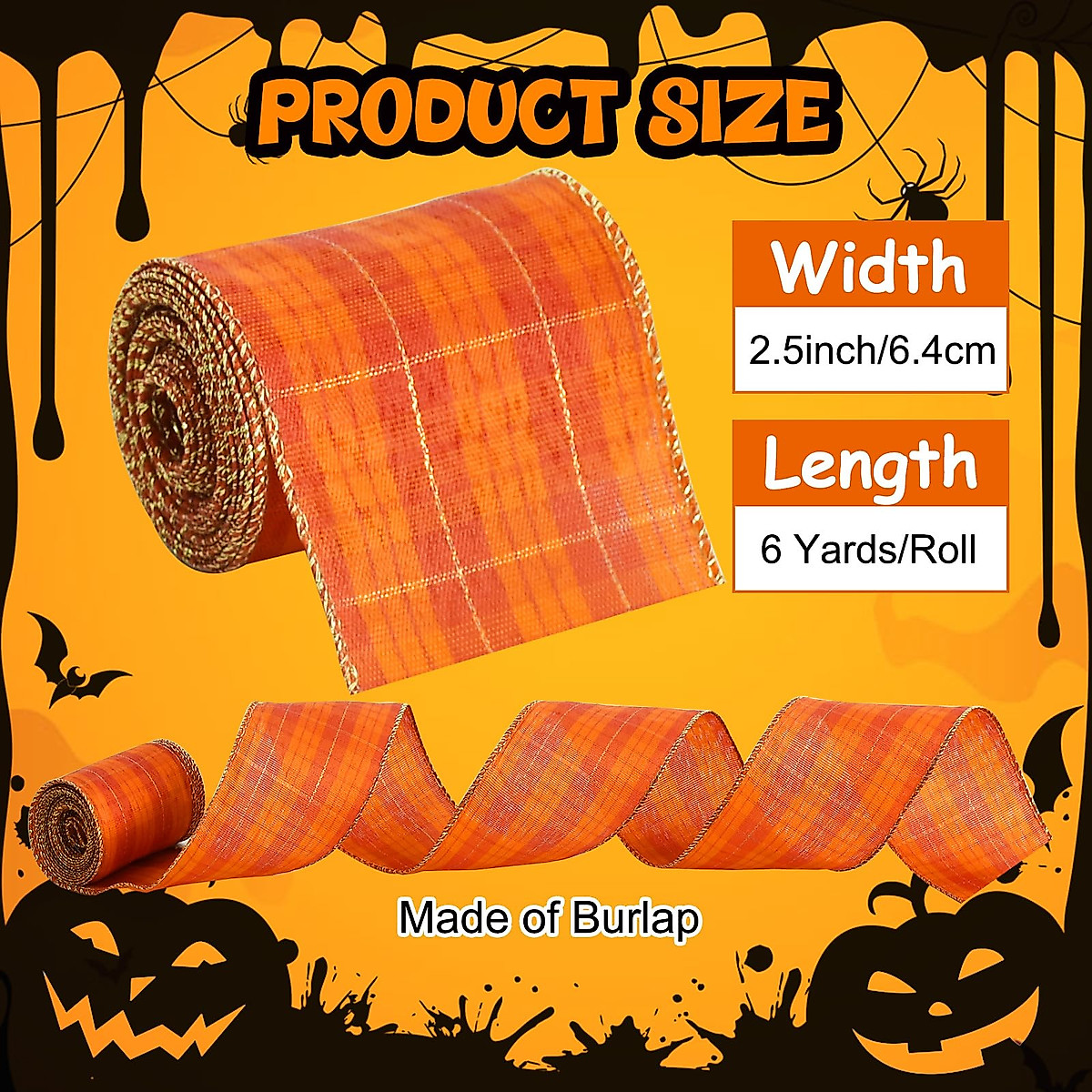 TONIFUL 2.5 Inch Orange Stripe Burlap Ribbon Wired Edge Ribbon Thanksgiving Fall Halloween Christmas Wired Ribbon for Crafts Gift Tree Topper Wreath Bows Outdoor Indoor Decorations 6yds