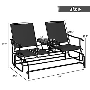 Giantex Patio Bench Glider Chair with Metal Frame, Center Tempered Glass Table, Outside Double Rocking Swing Loveseat for Porch, Garden, Poolside, Balcony, Lawn Rocker Outdoor Glider Bench(Black)