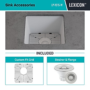 15" x 15" Quartz Kitchen Sink, Single Bowl Kitchen Sinks, Drop in Kitchen Sink, Granite Composite Kitchen Sink, Undermount Sink, Galaxy White Kitchen Sink, Includes Grid, Strainer, Flange, LP-1515-W