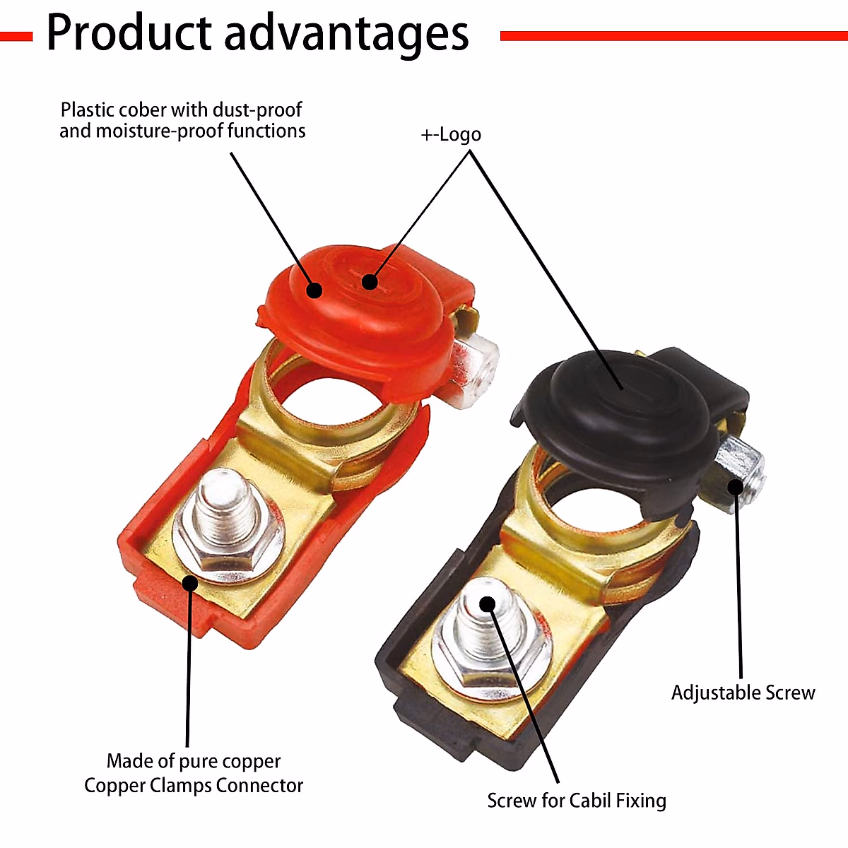 1 Pair Battery Terminals, Negative and Positive Car Battery Cable Terminal Clamp Connectors, 6PCS 3/8 Copper Ring Terminal Assortment Kit and 4PCS Heat Shrink Tubes, Fit for Van, Boat, and More