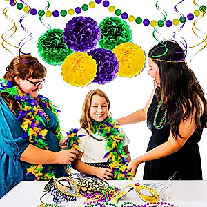 32PCS Mardi Gras Decorations Party Favors Supplies, Mardi Gras Decor Props Backdrop, Hanging Swirl Tissue Paper Pom Poms Garland Flowers for Birthday Baby Shower