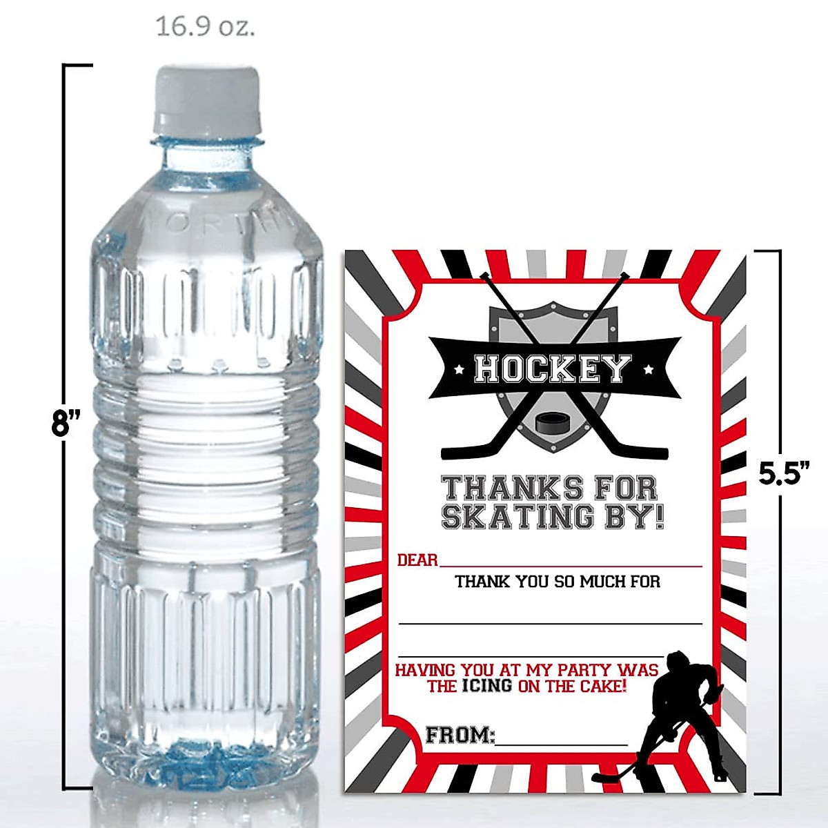 Kids Thank You Cards Black & Red Hockey Birthday Party Thank You Notes, Ten 4" x 5.5" Fill-In The Blank Cards with 10 White Envelopes by AmandaCreation