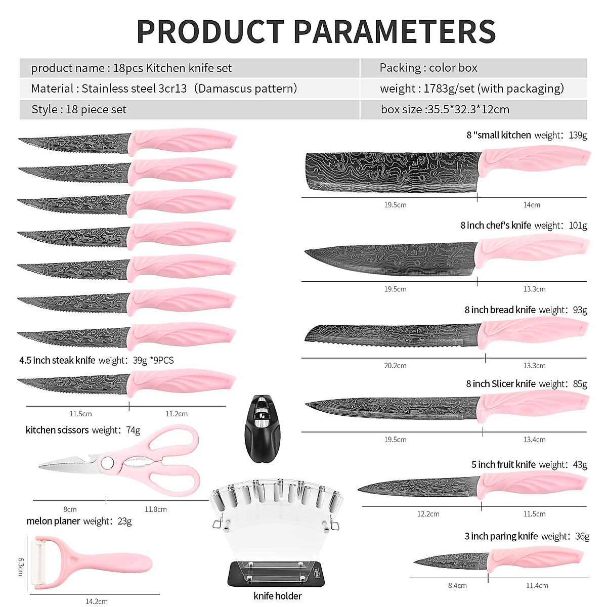 Damascus Knife Set 18Pcs Non Stick Sharp Kitchen Knives Set with Acrylic Block Cutlery Knives Block Set Chef Quality Best Gift Pink Handle