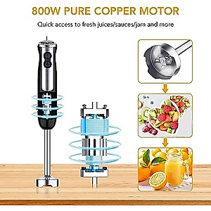 Handheld Blender, Immersion Electric Mixer, 5-in-1 Hand Blender, 800W Powerful Copper Motor, 12 Speed Turbo Mode, 20oz Beaker, 17oz Food Chopper for Smoothies, Whisk for Home Kitchen