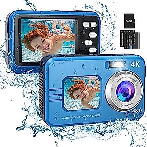 Underwater Camera, 4K 48MP Autofocus Waterproof Digital Camera with Selfie HD Dual Screens, 11FT 16X Digital Zoom Waterproof Camera with 64GB Card, Fill Light Underwater Camera for Snorkeling